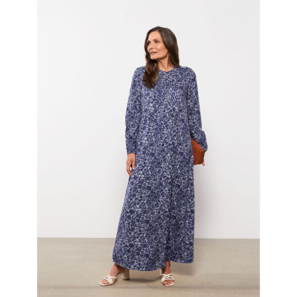 Bisiklet Yaka Desenli Uzun Kollu Viskon Kadın Elbise