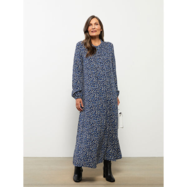 Bisiklet Yaka Desenli Uzun Kollu Viskon Kadın Elbise