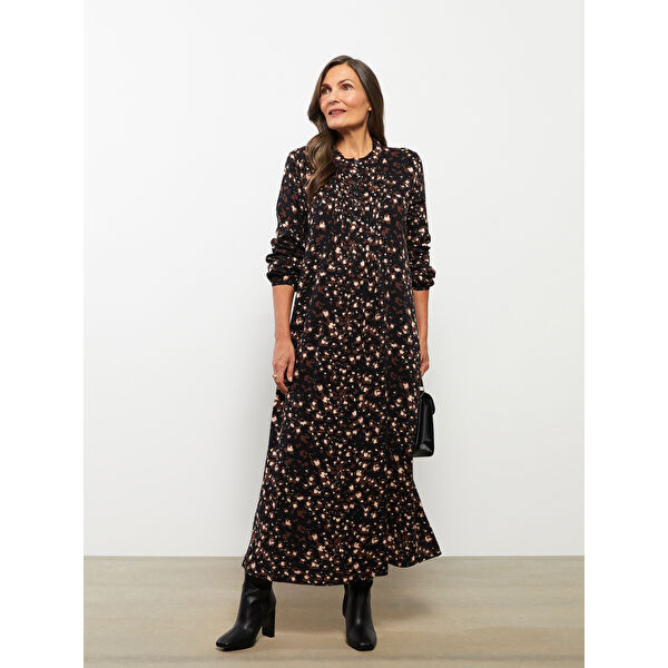 Bisiklet Yaka Desenli Uzun Kollu Viskon Kadın Elbise