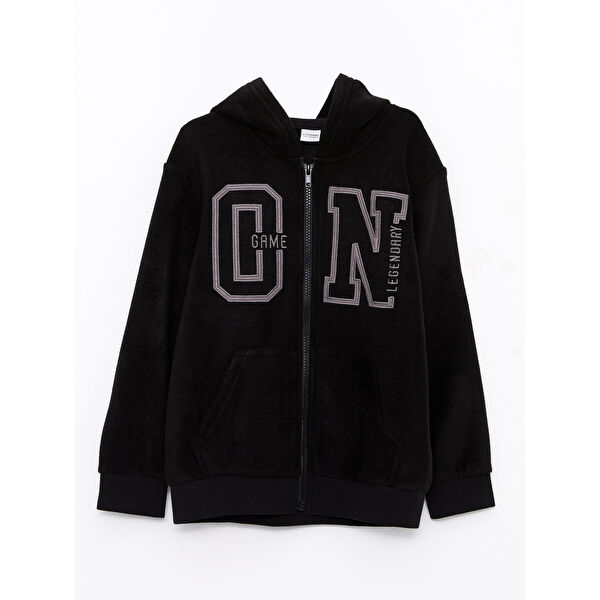 Kapüşonlu Nakışlı Uzun Kollu Polar Erkek Çocuk Fermuarlı Sweatshirt