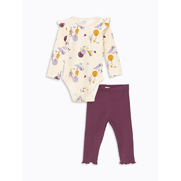 Bisiklet Yaka Uzun Kollu Baskılı Kız Bebek Çıtçıtlı Body ve Pantolon 2'li Takım