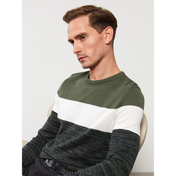 Bisiklet Yaka Uzun Kollu Renk Bloklu Erkek Triko Kazak