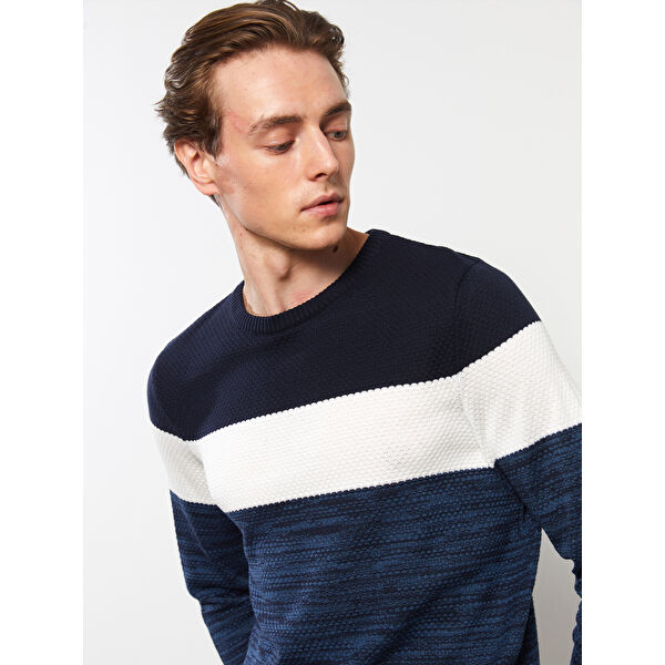 Bisiklet Yaka Uzun Kollu Renk Bloklu Erkek Triko Kazak