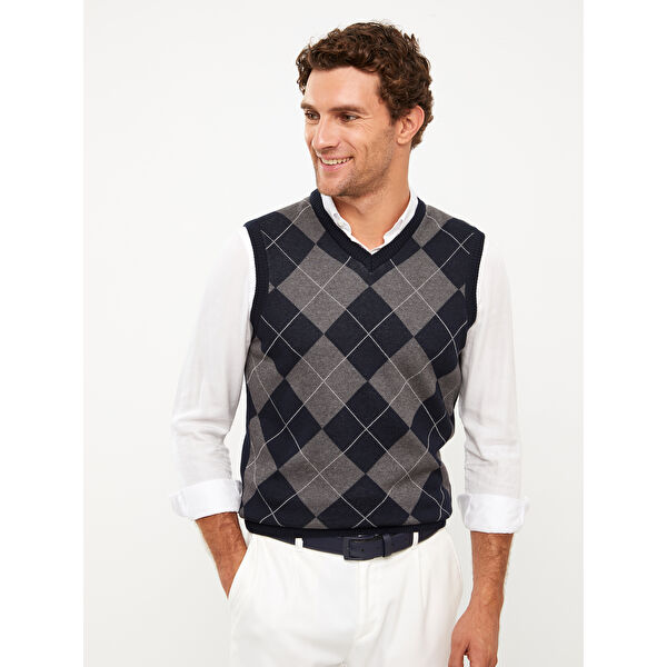 V Yaka Ekose Erkek Triko Süveter