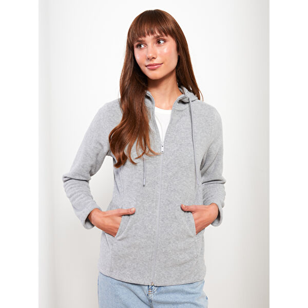 Kapüşonlu Düz Uzun Kollu Polar Kadın Spor Hırka