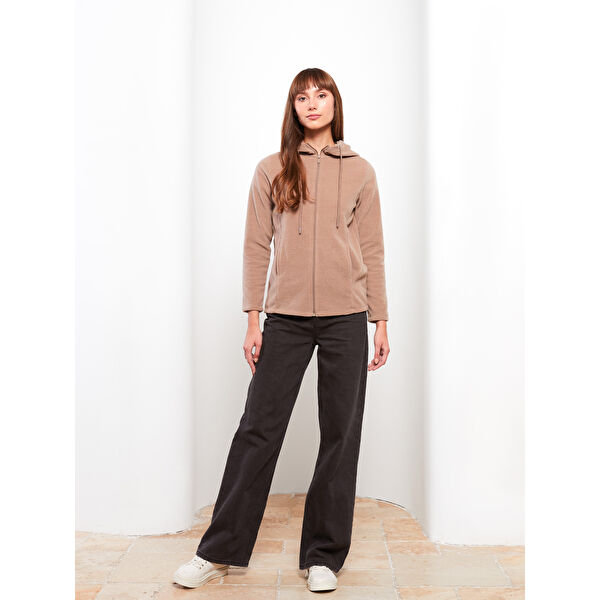 Kapüşonlu Düz Uzun Kollu Polar Kadın Spor Hırka