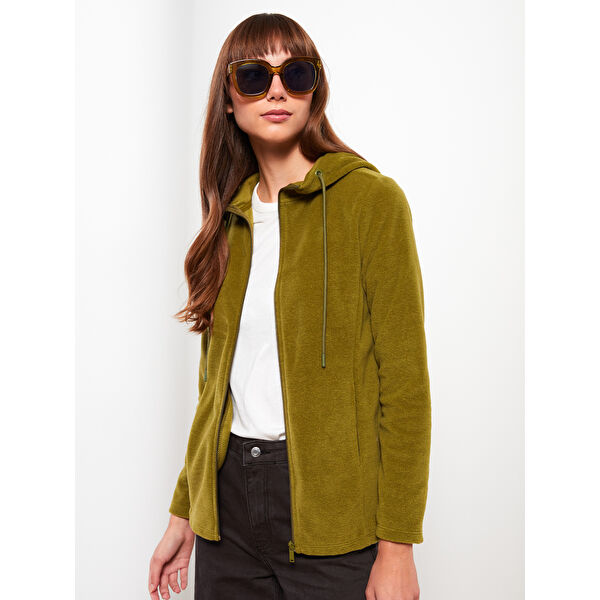 Kapüşonlu Düz Uzun Kollu Polar Kadın Spor Hırka