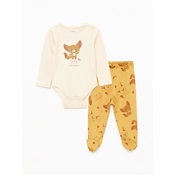Bisiklet Yaka Uzun Kollu Baskılı Erkek Bebek Çıtçıtlı Body ve Pantolon 2'li Takım