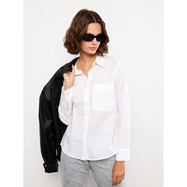 Önden Düğme Kapamalı Çizgili Uzun Kollu Pamuklu Kadın Gömlek
