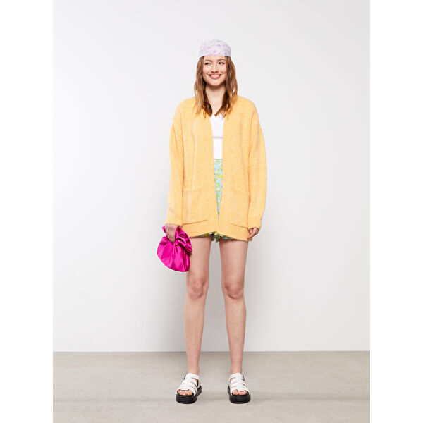 Şal Yaka Düz Uzun Kollu Oversize Kadın Triko Hırka