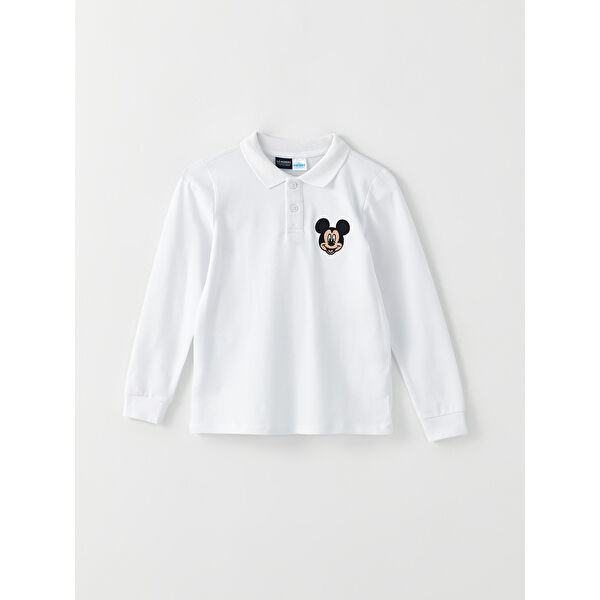Polo Yaka Mickey Mouse Nakışlı Uzun Kollu Erkek Çocuk Tişört
