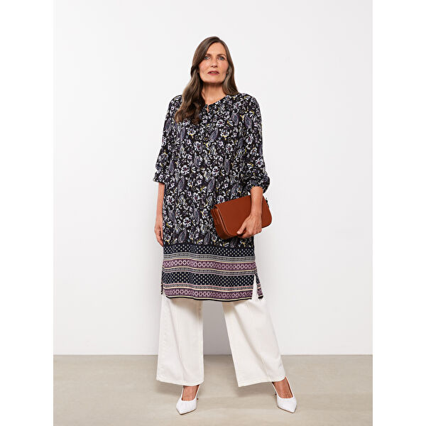Bisiklet Yaka Desenli Uzun Kollu Viskon Kadın Tunik