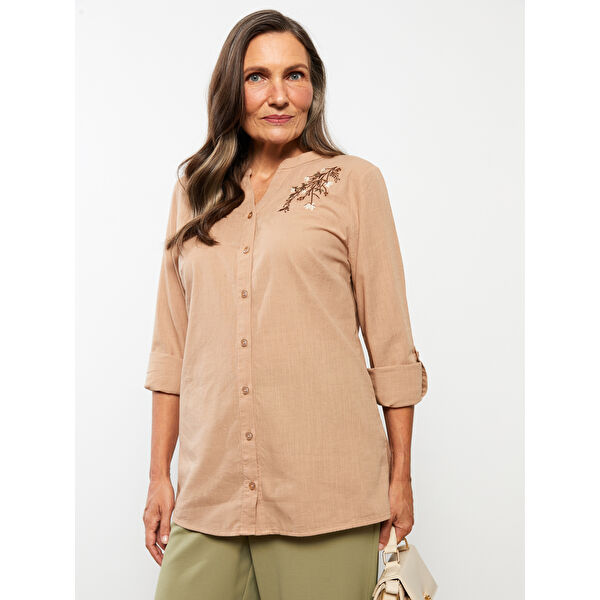 Kaçık Yaka Nakışlı Uzun Kollu Pamuklu Kadın Gömlek