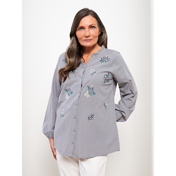 Kaçık Yaka Nakışlı Uzun Kollu Kadın Gömlek