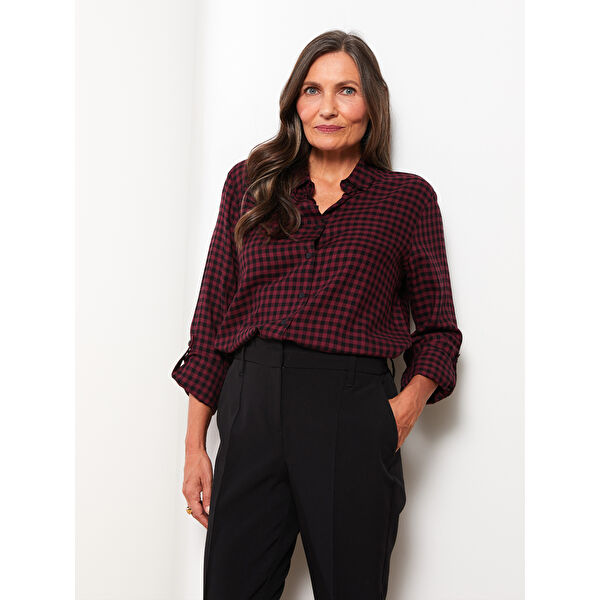 Önden Düğme Kapamalı Ekose Uzun Kollu Gabardin Kadın Gömlek