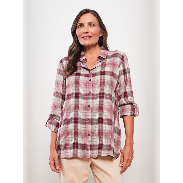 Önden Düğme Kapamalı Ekose Uzun Kollu Gabardin Kadın Gömlek