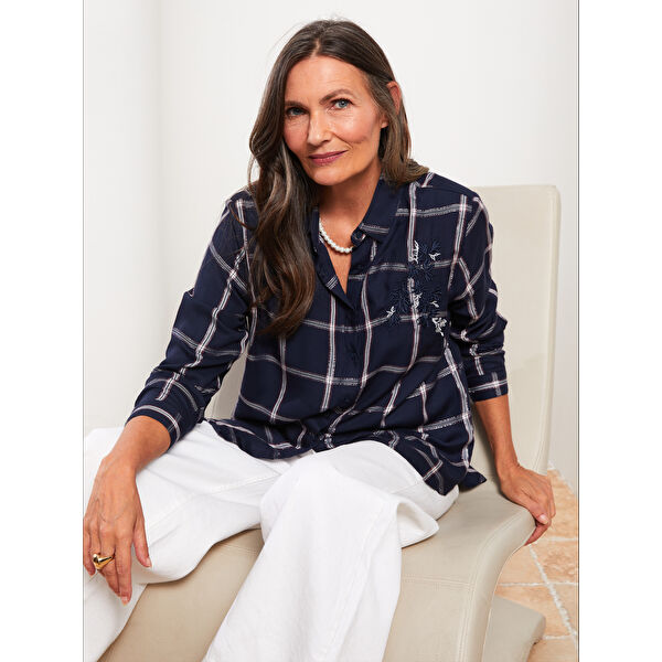 Önden Düğme Kapamalı Ekose Uzun Kollu Gabardin Kadın Gömlek