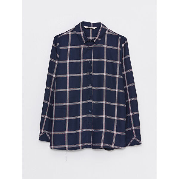 Önden Düğme Kapamalı Ekose Uzun Kollu Gabardin Kadın Gömlek