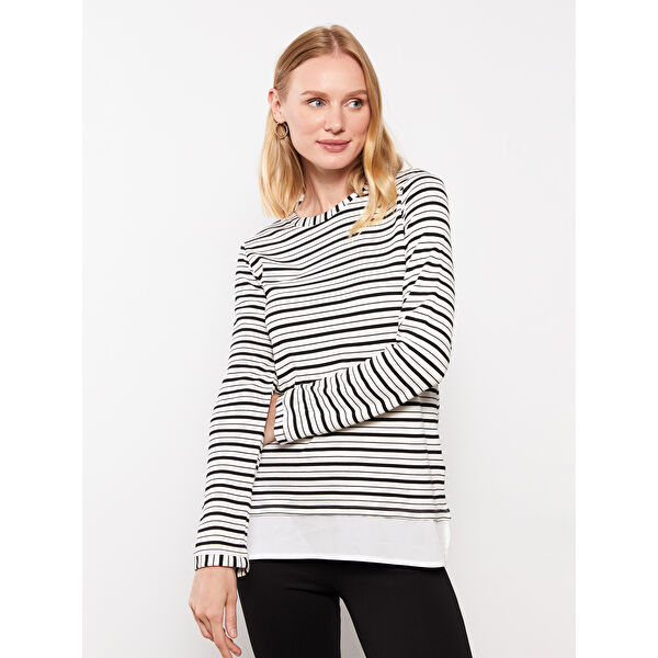 Bisiklet Yaka Çizgili Uzun Kollu Kadın Bluz