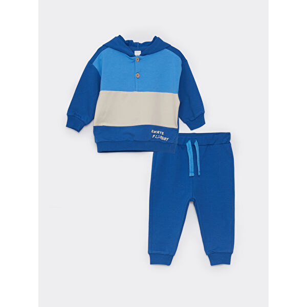 Kapüşonlu Uzun Kollu Renk Bloklu Erkek Bebek Sweatshirt ve Pantolon 2'li Kapüşonlu Uzun Kollu Renk Bloklu Erkek Bebek Sweatshirt ve Pantolon 2'li