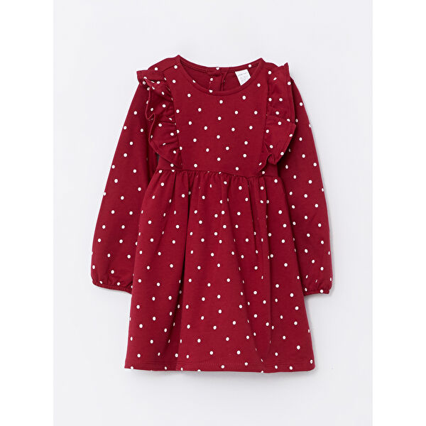 Bisiklet Yaka Uzun Kollu Puantiyeli Kız Bebek Elbise