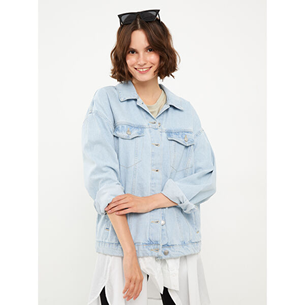 Gömlek Yaka Düz Uzun Kollu Kadın Jean Ceket