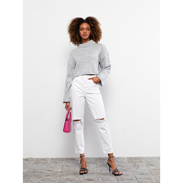 Yarım Balıkçı Yaka Düz Uzun Kollu Kadın Triko Kazak