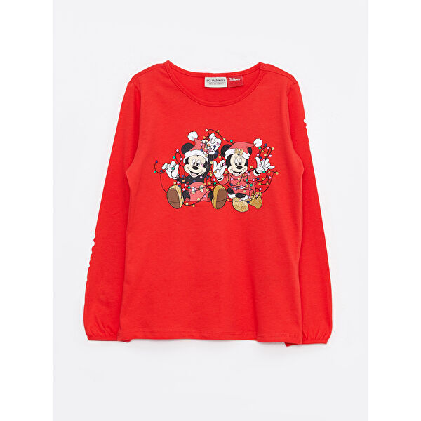 Bisiklet Yaka Minnie ve Mickey Mouse Baskılı Yılbaşı Temalı Uzun Kollu Kız Çocuk Tişört Bisiklet Yaka Minnie ve Mickey Mouse Baskılı Yılbaşı Temalı Uzun Kollu Kız Çocuk Tişört