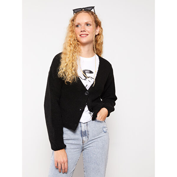 V Yaka Düz Uzun Kollu Kadın Triko Hırka