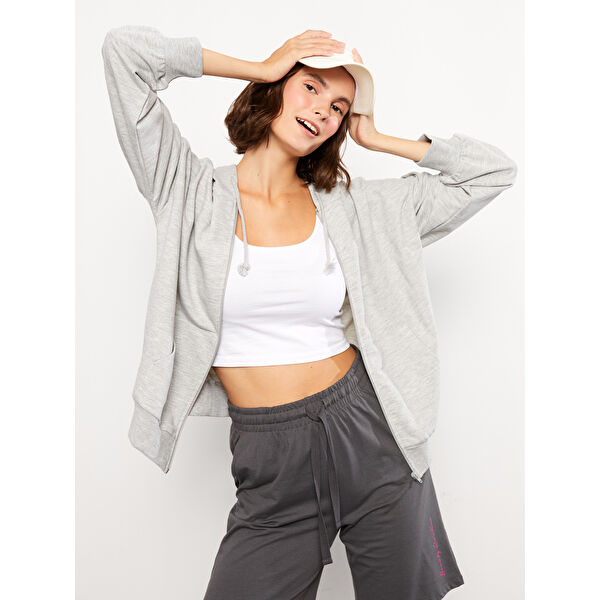 Kapüşonlu Düz Uzun Kollu Kadın Spor Hırka