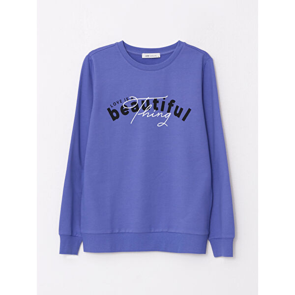 Bisiklet Yaka Baskılı Uzun Kollu Pamuklu Kadın Sweatshirt