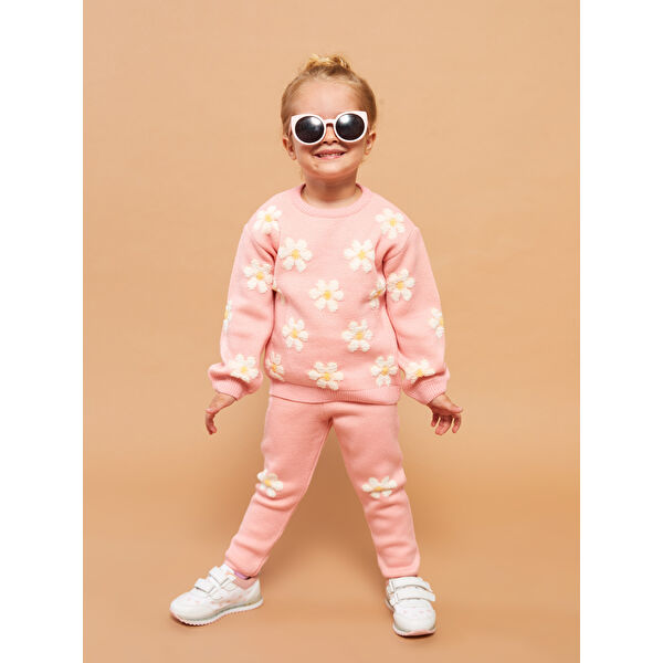 Bisiklet Yaka Uzun Kollu Desenli Kız Bebek Triko Kazak ve Pantolon 2'li Takım