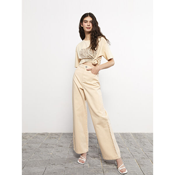 Standart Fit Düz Geniş Paça Gabardin Kadın Pantolon