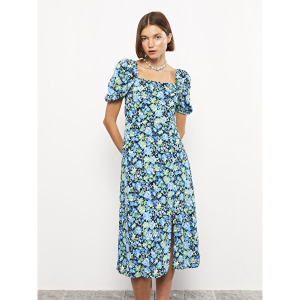 Kare Yaka Desenli Kısa Kollu Viskon Kadın Elbise