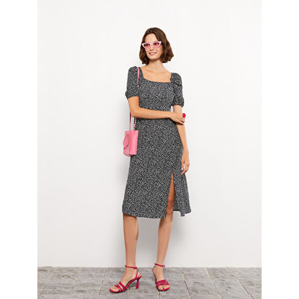 Kare Yaka Desenli Kısa Kollu Viskon Kadın Elbise