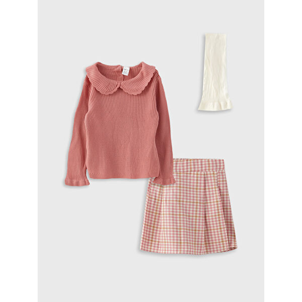 Bebe Yaka Uzun Kollu Ekose Desenli Kız Bebek 3'lü Şort