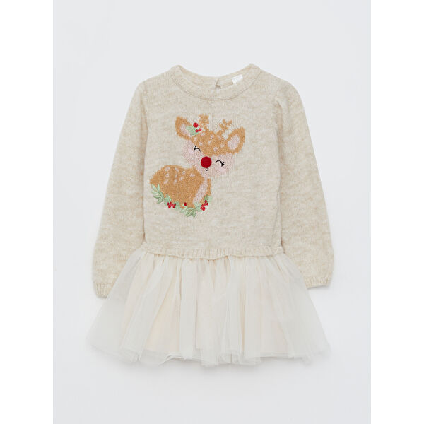 Bisiklet Yaka Uzun Kollu Yılbaşı Temalı Triko Kız Bebek Elbise Bisiklet Yaka Uzun Kollu Yılbaşı Temalı Triko Kız Bebek Elbise