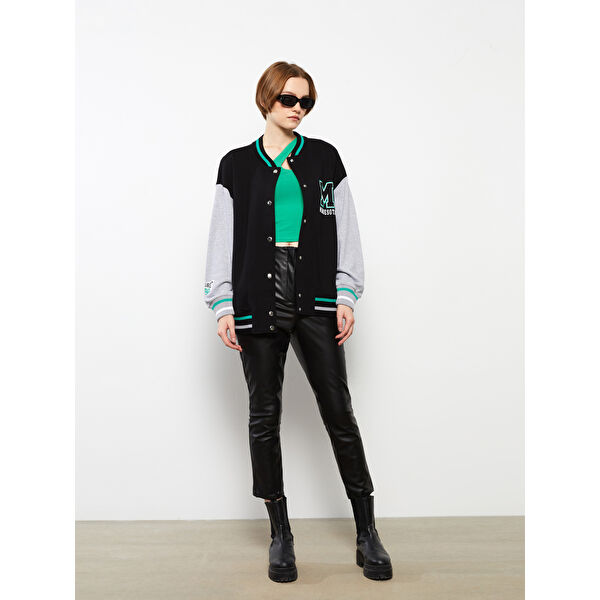 Bisiklet Yaka Baskılı Uzun Kollu Kadın Spor Hırka