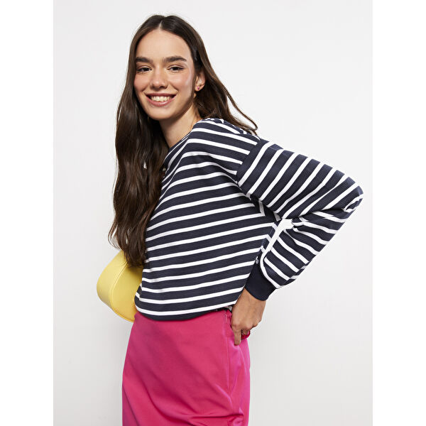 Bisiklet Yaka Çizgili Uzun Kollu Pamuklu Kadın Sweatshirt