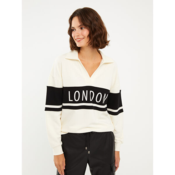 Polo Yaka Baskılı Uzun Kollu Kadın Sweatshirt