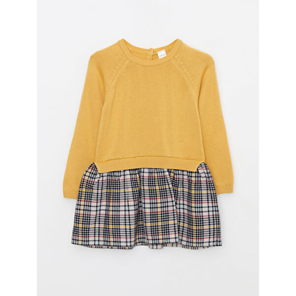 Bisiklet Yaka Uzun Kollu Ekose Desenli Kız Bebek Elbise