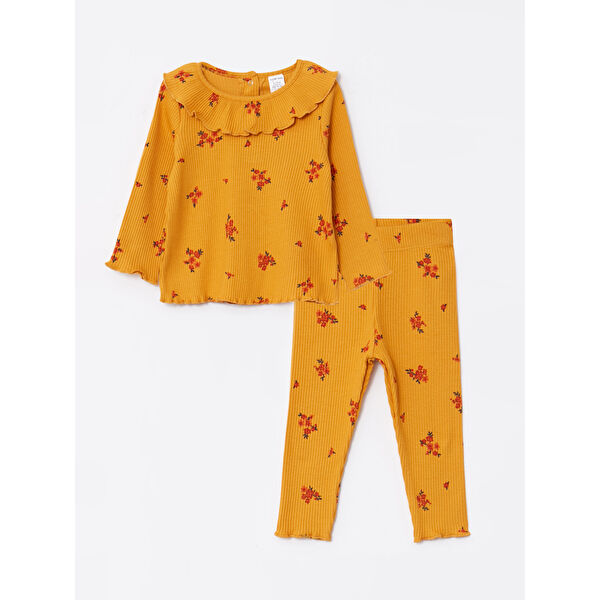 Bisiklet Yaka Uzun Kollu Desenli Kız Bebek Sweatshirt ve Tayt 2'li Takım