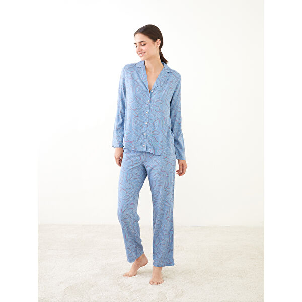 Gömlek Yaka Desenli Uzun Kollu Viskon Kadın Pijama Takımı