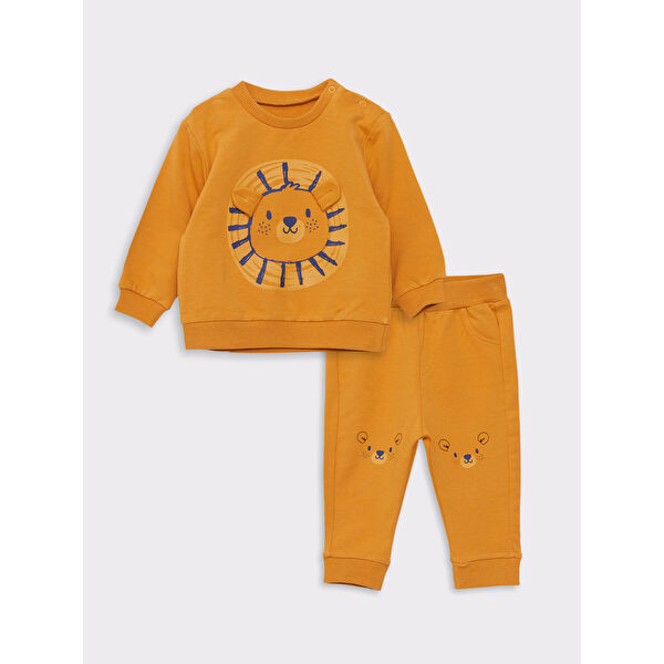 Bisiklet Yaka Uzun Kollu Baskılı Erkek Bebek Sweatshirt ve Pantolon 2'li Takım