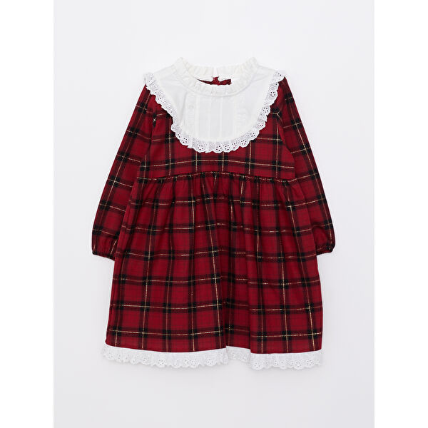 Bisiklet Yaka Uzun Kollu Ekose Desenli Kız Bebek Elbise