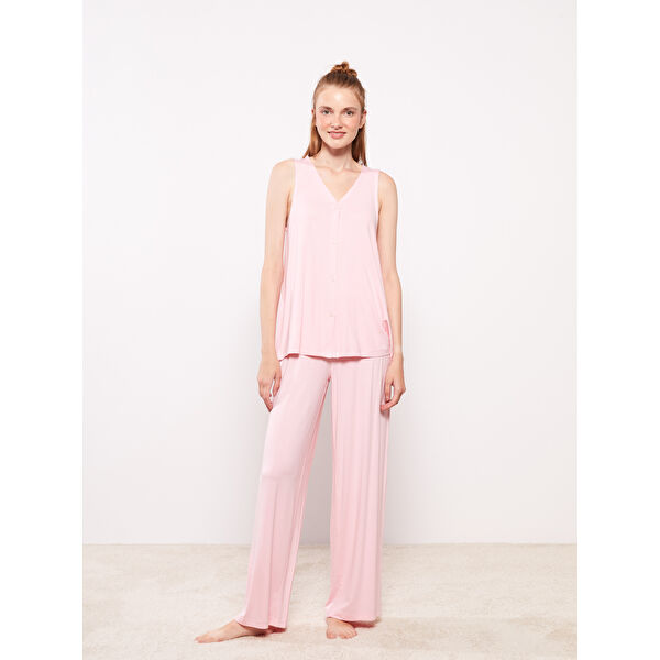V Yaka Düz Kolsuz Kadın Pijama Takımı