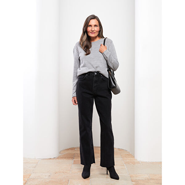 Bisiklet Yaka Kendinden Desenli Uzun Kollu Kadın Triko Kazak