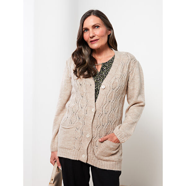 V Yaka Kendinden Desenli Uzun Kollu Kadın Triko Hırka