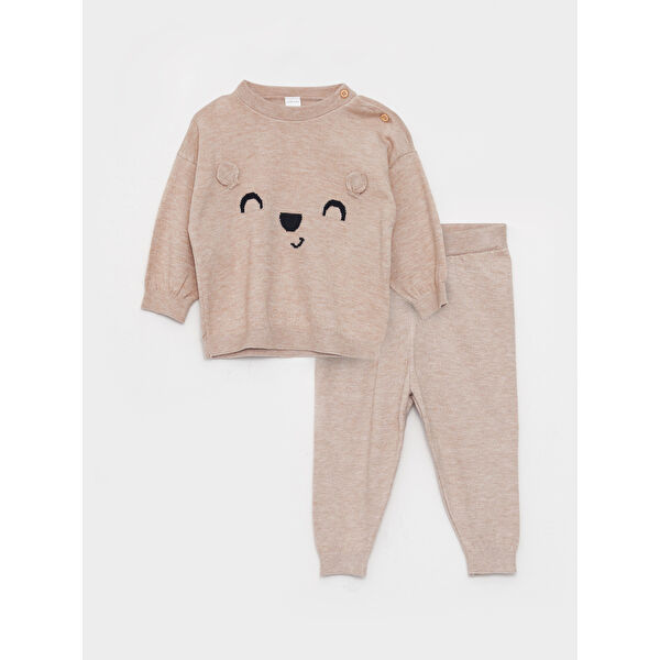 Bisiklet Yaka Uzun Kollu Desenli Erkek Bebek Triko Kazak ve Pantolon 2'li Takım