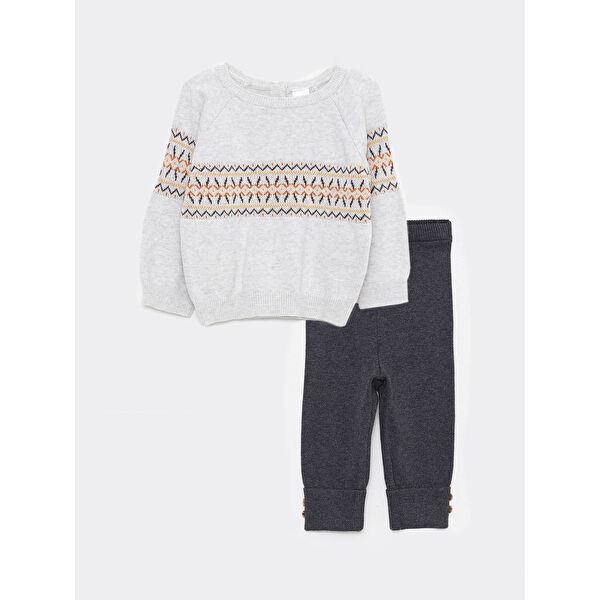 Bisiklet Yaka Uzun Kollu Desenli Erkek Bebek Triko Kazak ve Pantolon 2'li Takım